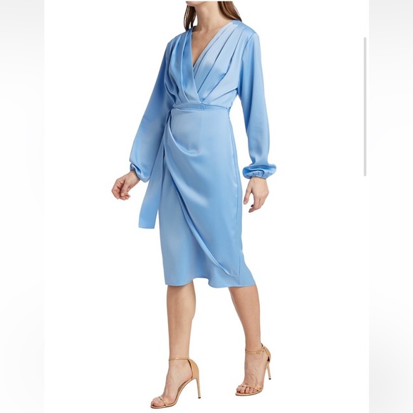 Wayf | Dresses | Nwot Wayf Satin Wrap Midi Dress In Sky Blue | Poshmark